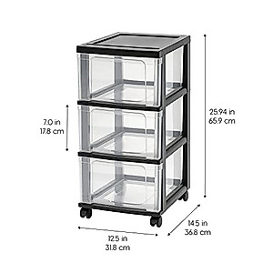IRIS USA Plastic 3-Drawer Storage Organizer Rolling Cart, with Wheels Casters, 2-Pack, for Classroom Art Supplies Dresser Closet Bathroom Dorm Bedroom Laundry Room, Slim Narrow, Black/Clear