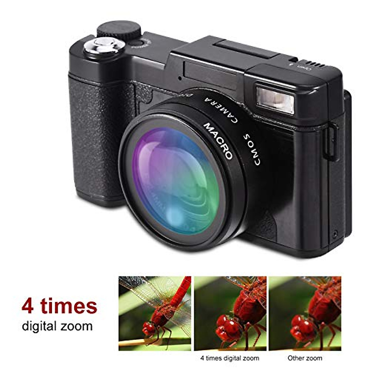Akozon Digital Camera Camera 24MP Full HD 1080P 4 Times Camera 3.0 Inch 180 Degree Rotation Flip Screen Flash Light for YouTube for Vlog Video Shooting