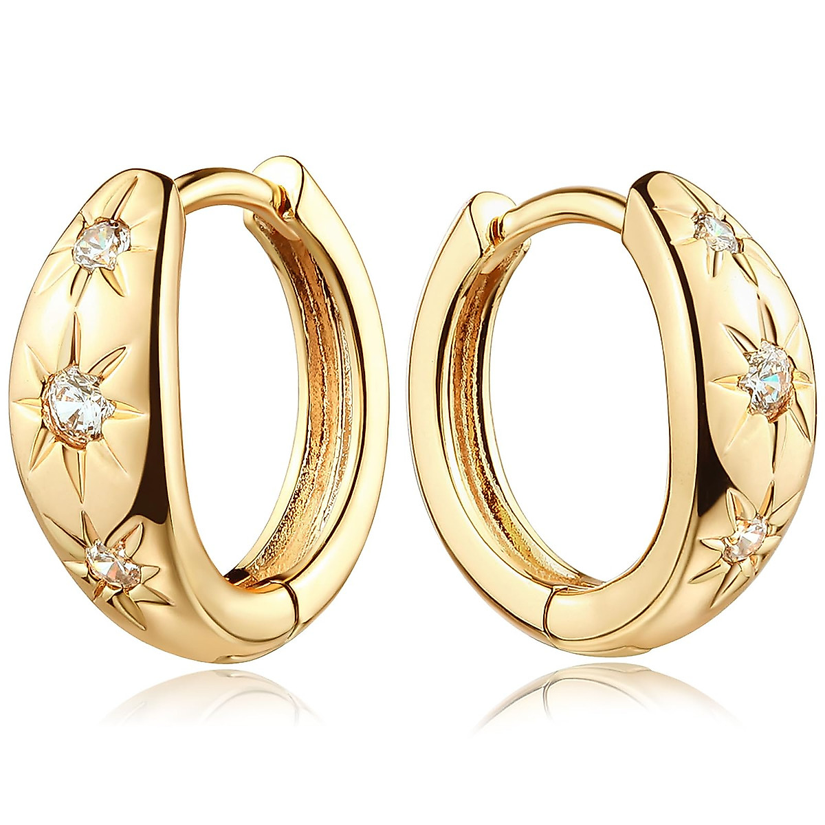 MEVECCO Gold Starburst Huggie Hoop Earrings 18K Gold Plated Chunky Dainty Ear Cute Small Sleeper Celestial CZ Mini Starburst Huggie Earring Tiny Minimalist Star Thick Round Hoop Earrings for Women