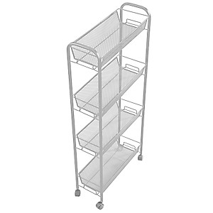 mDesign Slim Steel Metal Rolling Utility Cart Storage Organizer Trolley with 4 Basket Shelves for Laundry Room, Kitchen, Bathroom Organization - Narrow Holder for Detergent - Biro Collection, Silver