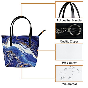 Shoulder Bag Tote Bags for Women Blue Marble and Gold Leather Shopper Work Handbags Large Casual Bag