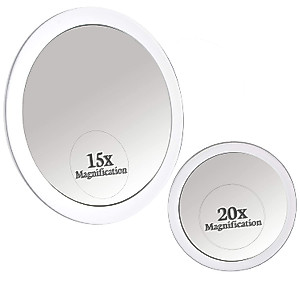 MIRRORVANA 20X & 15X Magnifying Mirror Set with 3 Suction Cups Each - Compact & Travel Ready Mirror for Makeup - Sizes: 6" and 4" Wide