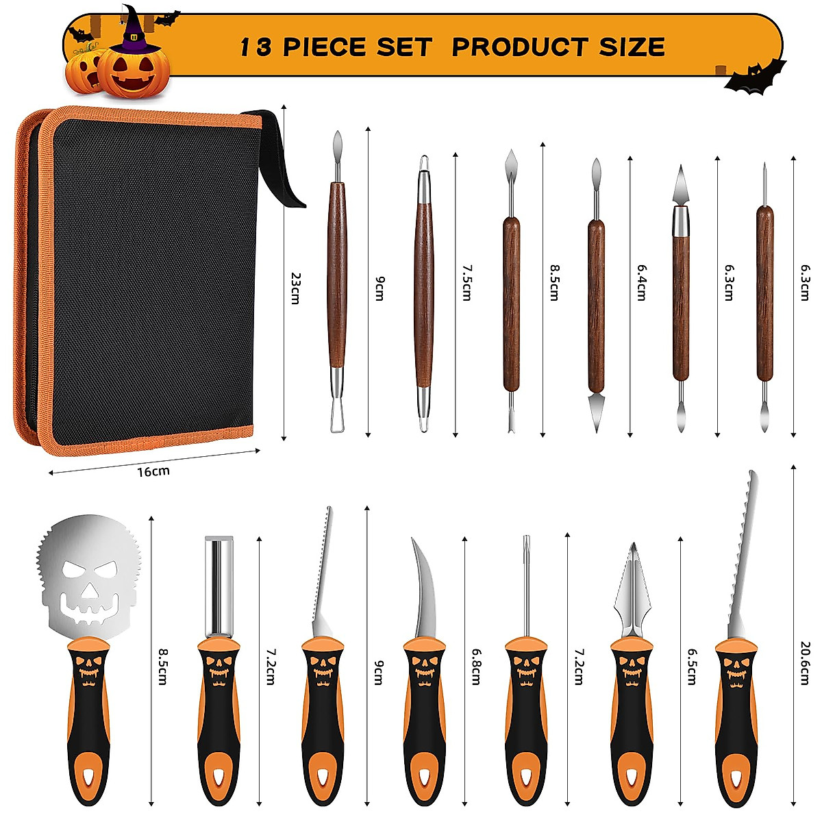 YUYUNLOMN Halloween Pumpkin Carving Tool kit, 13-Piece Professional Stainless Steel Pumpkin Cutting & Carving Set with 10 Templates, Carrying Bag - Perfect for Family Fun Time During Halloween