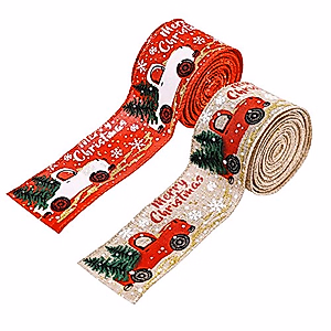 Christmas Ribbon Wired, Red Truck Ribbon Wired Burlap Ribbon for Christmas Wrapping, Crafts Decorations