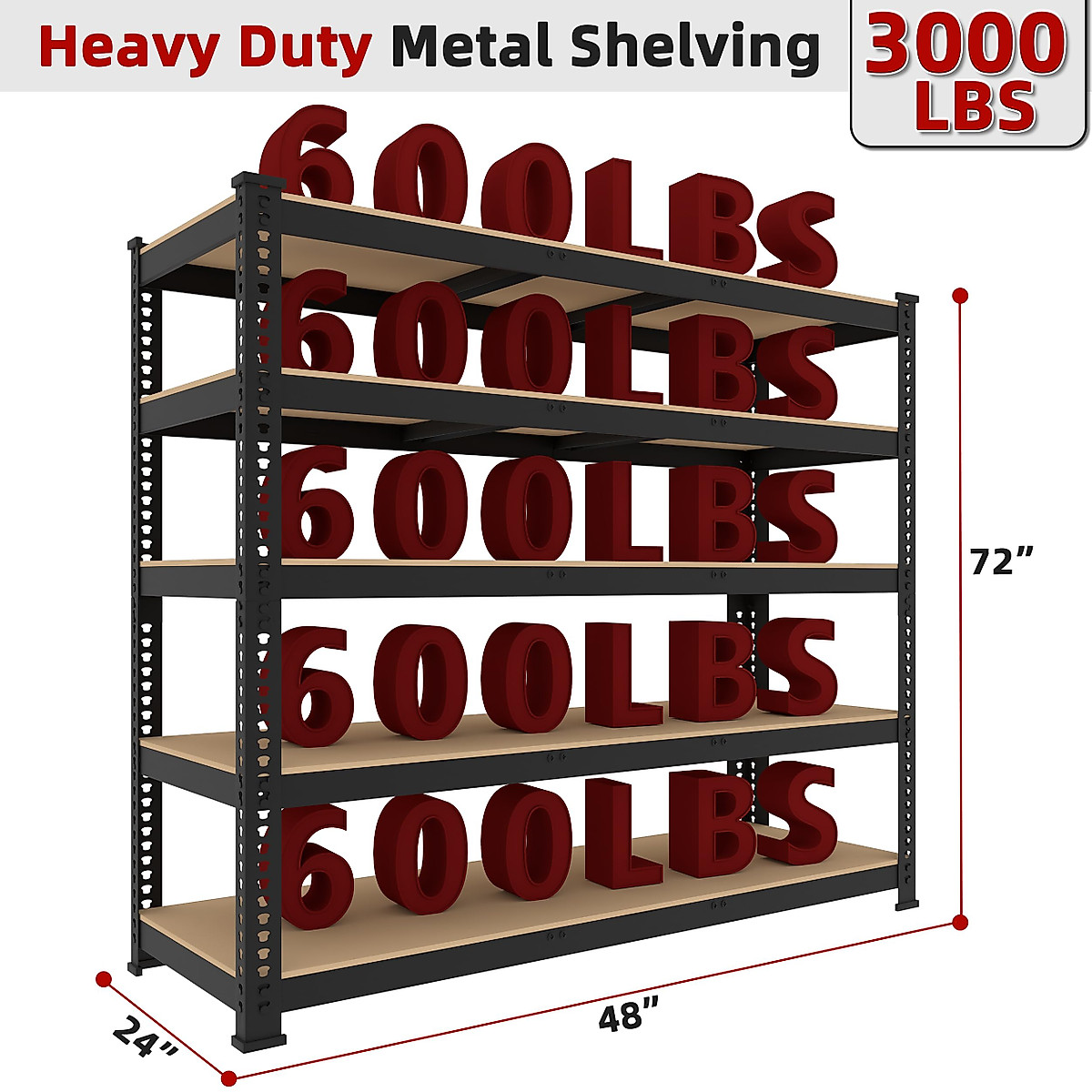 BuxWellBang 48" W x 24" D x 72" H Adjustable Garage Storage Shelves - 5-Shelf Heavy Duty Shelving Unit, Metal Utility Storage Organizer Racks for Warehouse Pantry Closet Kitchen, Black