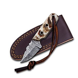 MEDIEVAL SUPPLIES Damascus Steel EDC Knife 4.5inch Fixed Blade Mini Knife Skinning,Survival,Camping and Outdoor Enthusiasts Natural Handle and Leather Sheath Brand By Medieval supplies (RAM HORN)