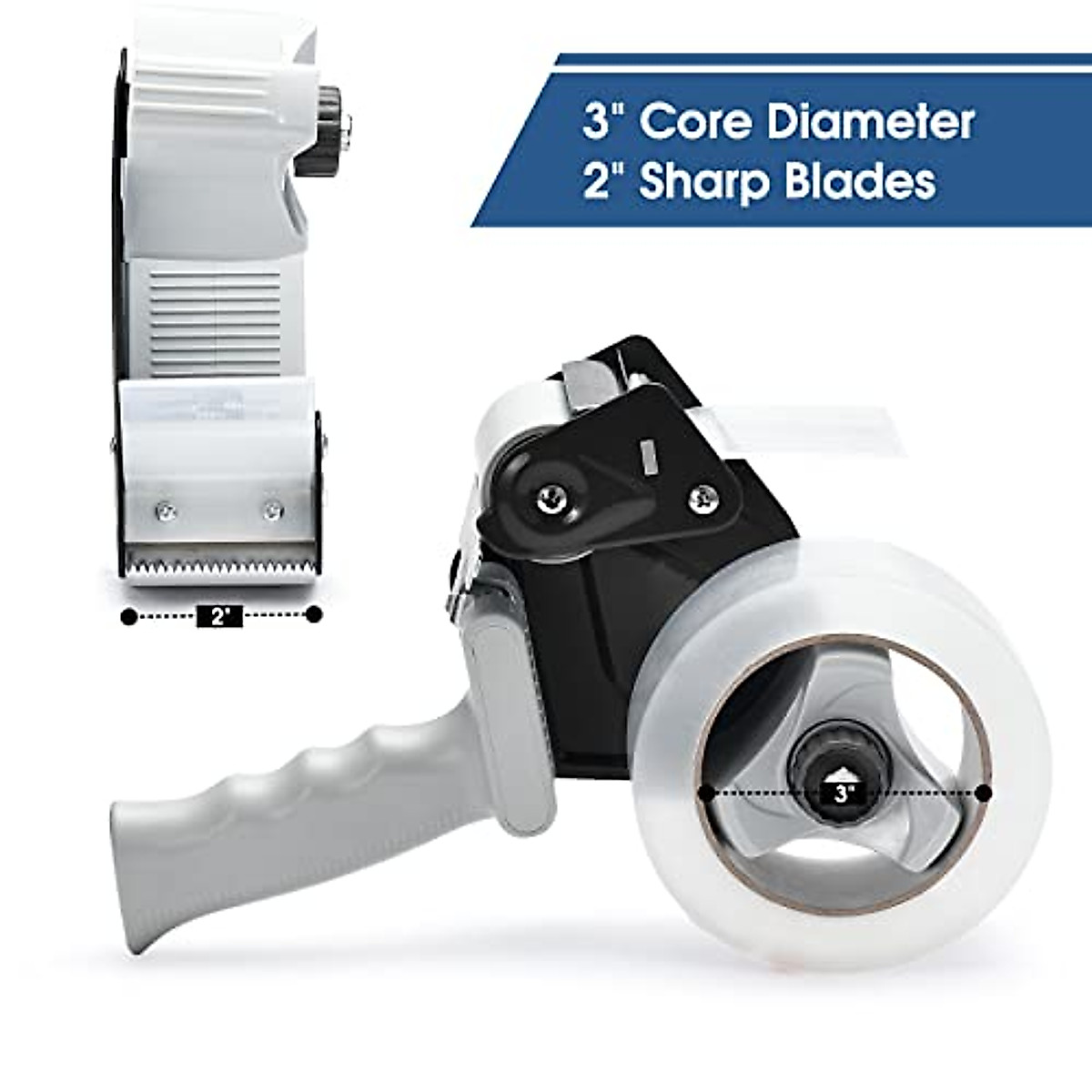 Packing Tape Dispenser Gun, Pacific Mailer 2 Inch Tape Gun Dispenser with 2 Inch Carton Packing Tape, Lightweight Industrial Side Loading Tape Dispenser - Black