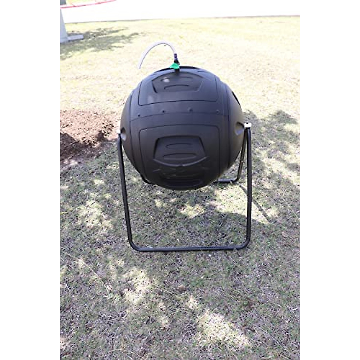 Exaco Ms. Tumbles Round Easy to Turn Compost Tumbler - 35 Gallons, Drain Hose with Cut-Off Valve, Black/Green