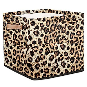 Leopard Wlidlife Print Striped Cube Storage Bins 13 x 13 x 13 inch, Leopard Animals Print Fabric Organizer Bins Basket Boxes with PU Leather Handles Foldable Storage Cube for Clothes Bedroom Closet Shelves