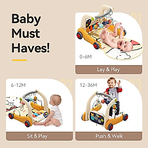 Baby Play Mat Gym,4-in-1 Baby Kick and Play Piano Tummy Time Mat Learning Walker-Musical Activity Center with Lights Seat and Push Walkers Ideas for Baby Newborn 0-6-12 18 Months Boy Girl