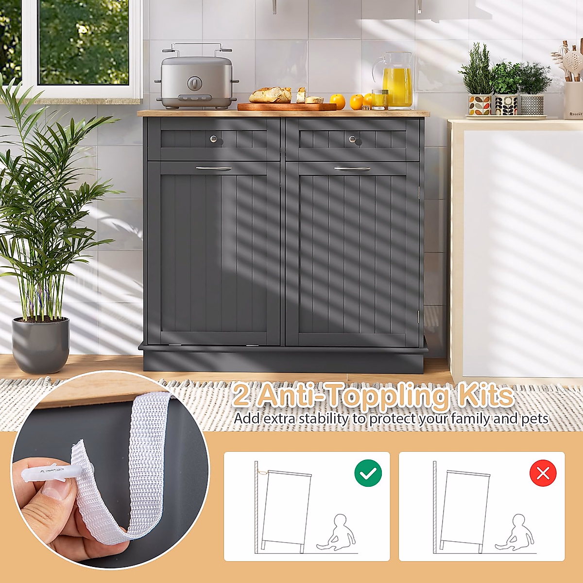 Giantex Tilt Out Trash Cabinet 15.5 Gallon, Wooden Laundry Room Cabinet, 2 Drawers, Storage Cabinet, Recycling Trash Cabinet, Kitchen Island with Garbage Can Holder, 39.5" x 14" x 35.5", Gray