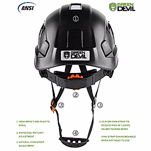GREEN DEVIL Safety Helmet Hard Hat Adjustable Lightweight Vented ABS Work Helmet for Men and Women 6-Point Suspension ANSI Z89.1 Approved Ideal for Industrial & Construction