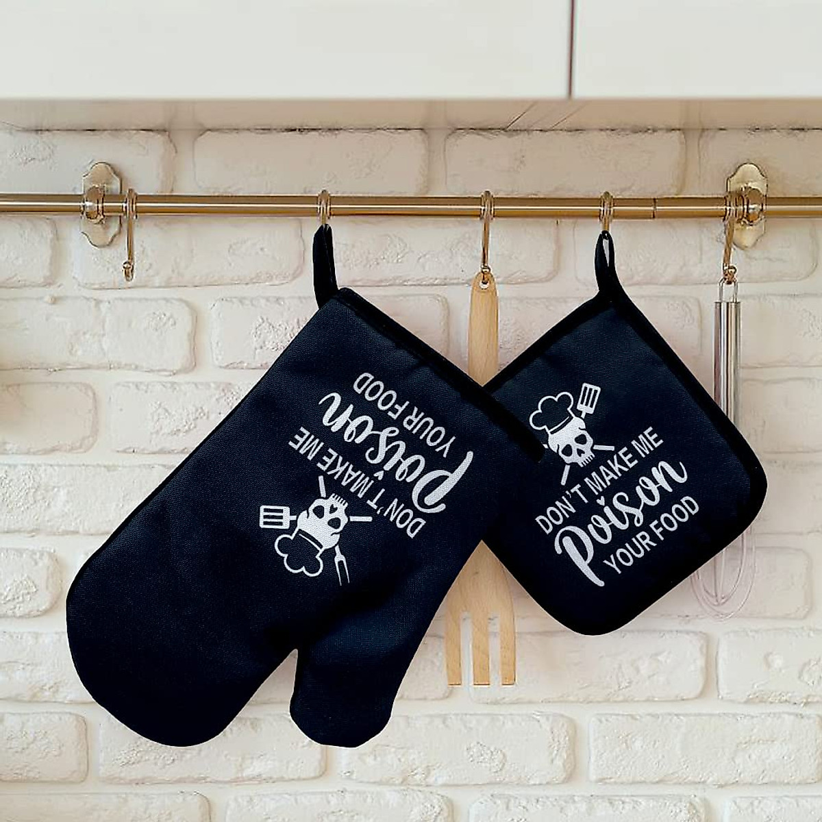 Don't Make Me Poison Your Food,Oven Mitts and Pot Holders Sets of 2，Funny Oven Mitt，Silicone Non-Slip Oven Mitts,Cute Housewarming Gift,Perfect for Kitchen,Cooking,Baking,Grilling
