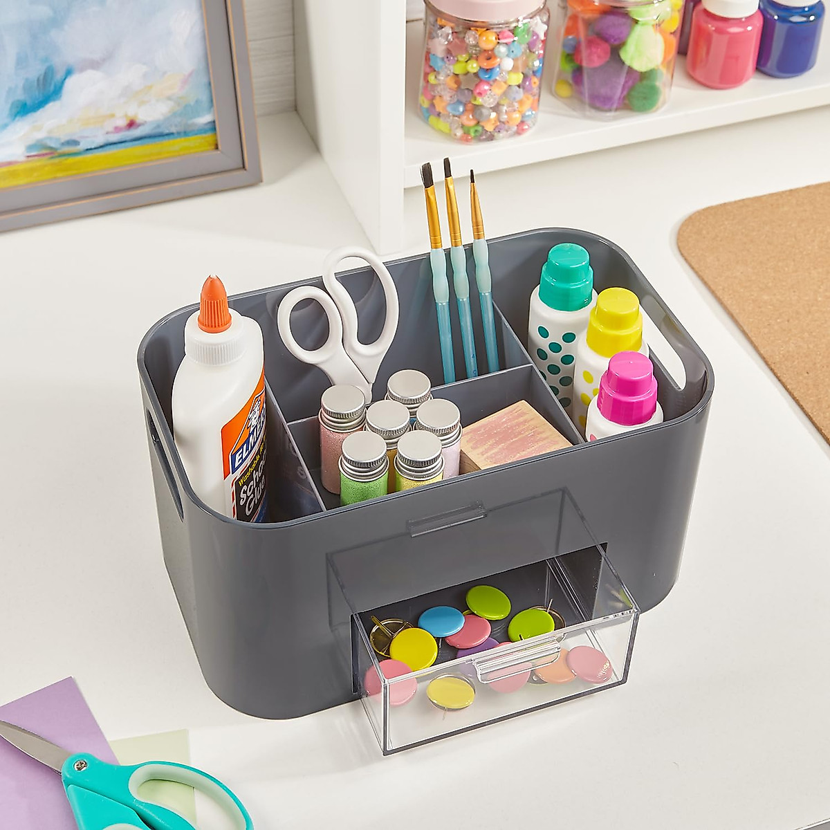 STORi Bliss 4-Compartment Plastic Vanity Organizer with Small Accessory Drawer in Grey | Rectangular Makeup, Skincare, & Cosmetic Storage Bin with Pass-Through Handles | Made in USA