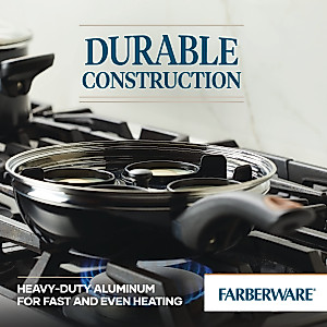 Farberware Glide Ceramic Nonstick Dishwasher Safe Egg Poacher Pan/Skillet with 4 Poaching Cups and Lid, 8 Inch, Black