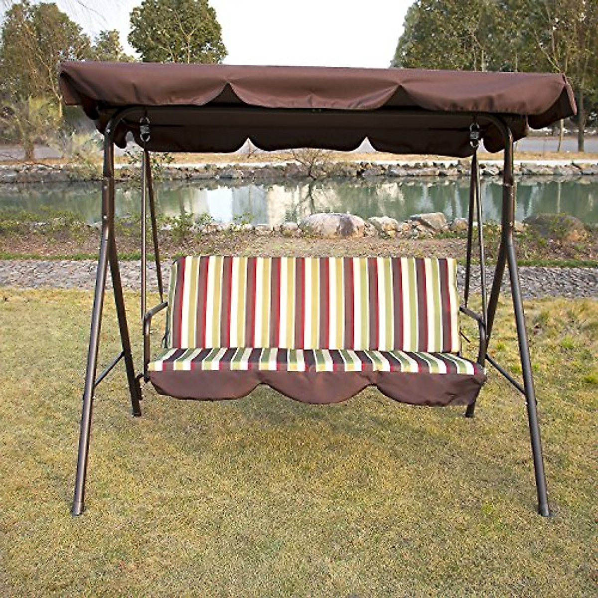 Walsport Outdoor Swing Chairs for Adults Patio Swings with Canopy 3 Person Seating Chair Porch Swing with Stand and Chair Cushion Steel Frame Outdoor Glider Hammock Bench Swing Backyard Furniture