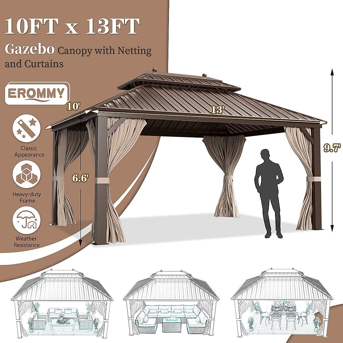 EROMMY 10'x13' Hardtop Gazebo, Galvanized Steel Outdoor Aluminum Canopy with Netting and Shaded Curtains, Double Roof Pergolas, Permanent Metal Pavilion for Patio, Backyard, Deck and Lawns, Brown
