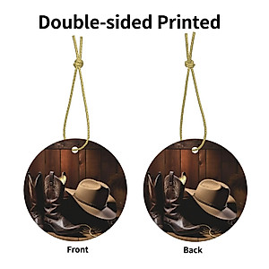 Christmas Ornaments Round Ceramic Ornaments Cowboy Black Hat Western Boots Printed Christmas Tree Ceramics Hanging Ornament for Xmas Holiday Party Decorations