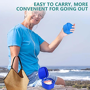 OBTANIM 2 Pack Denture Bath Cup Case Box Holder Storage Soak Container with Strainer Basket for RetainersTravel False Teeth Cleaning (Blue, Green)