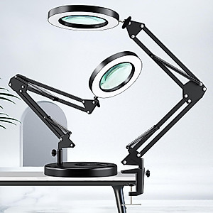 10X Magnifying Glass with Light, HITTI 1,800 Lumens Stepless Dimmable, 3 Color Modes, 4.2″ Real Glass Lens LED Desk Lamp & Clamp, Magnifier Light and Stand for Crafts Welding Close Work