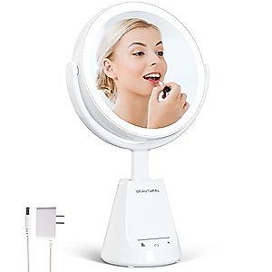 Lighted Makeup Vanity Mirror with 3 Colors, 6.5" Double Sided 1x/10x Magnifying Mirror with Lights, Adjustable Brightness&Standing Height, 360 Degree Rotation Touch Sensor,AC Adapter Powered