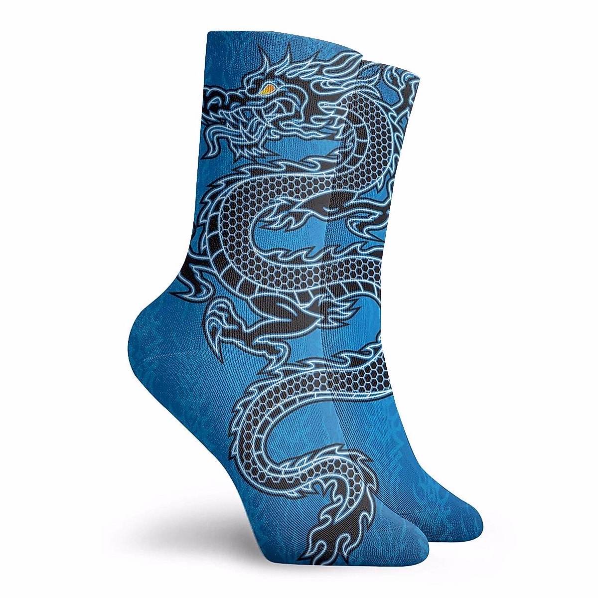 Japanese Dragon Funny Compression Socks Women and Men,Black Dragon On Blue Tribal Background Year Of The Dragon Themed Art,Best for Circulation,Running,Athletic,Nurse,Travel,Blue Black White -12 inch