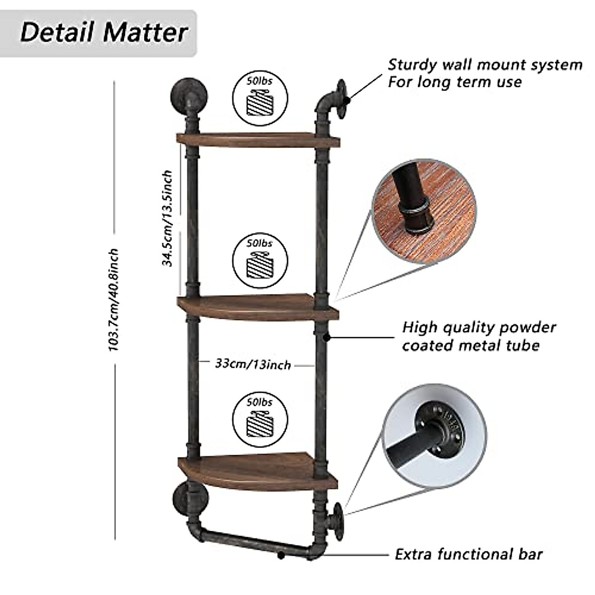 MCleanPin Industrial Pipe Corner Shelving,Rustic Corner Shelf Wall Mount, Corner Floating Shelf 3-Tiers Bathroom Pipe Shelves,Industrial Pipe Wood Shelves