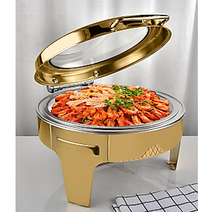 HONHPD 1 Pcs 6.8QT Round Chafing Dish Buffet Set,Gold Stainless Steel Buffet Servers and Warmers,Round Chafer Food Warmer with Glass Window Hydraulic Lid & Holder for Wedding Parties Catering,Golden