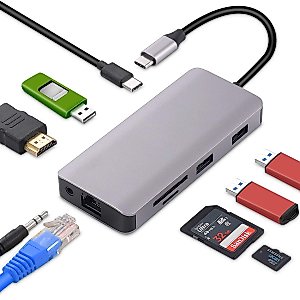 Type C 9 in 1 Hub to 4K HDMI Output, 2 USB3.0 Ports,SD/TF Card Reader,1000Mbps Network Adapter, 1 USB2.0 with PD3.0(100W) Charge