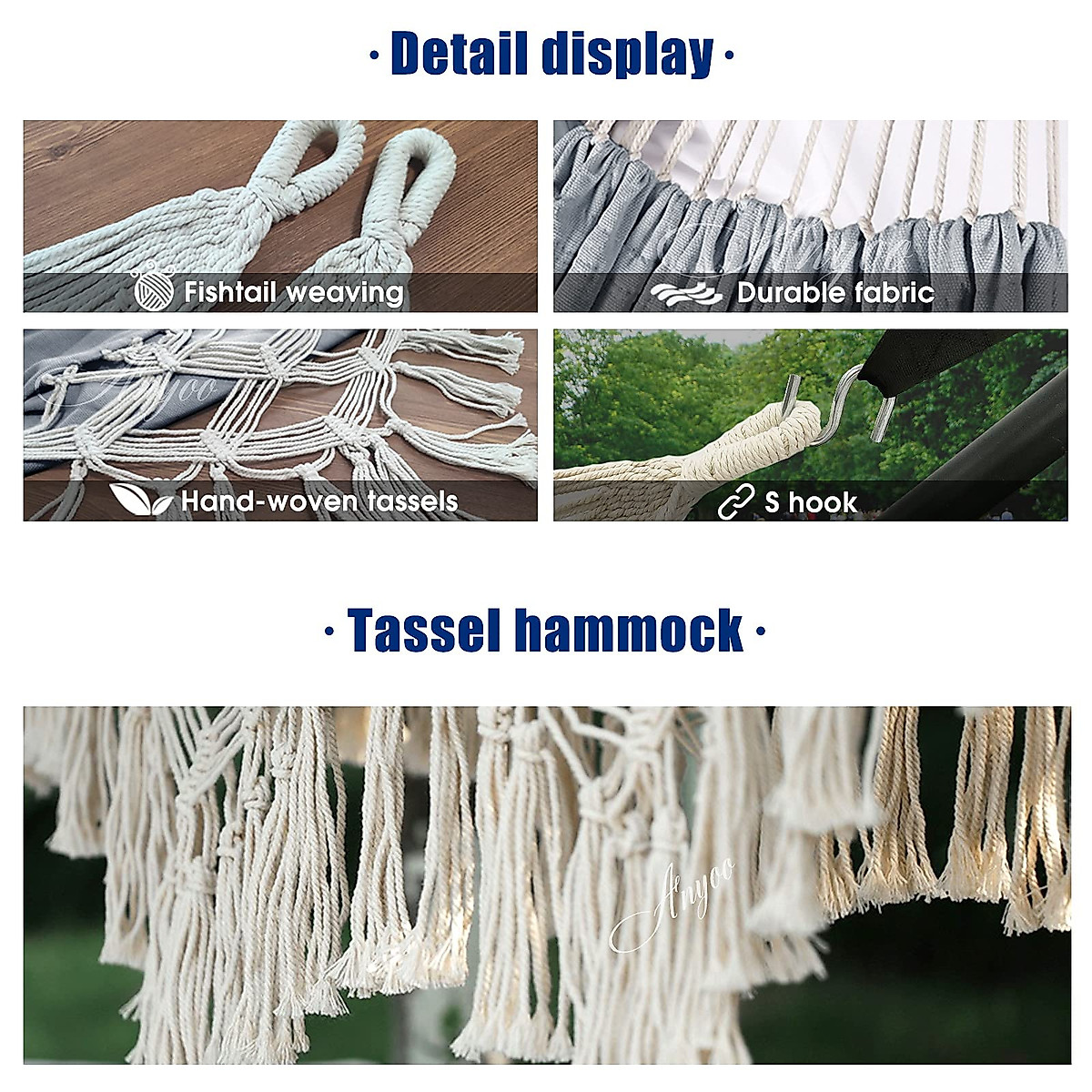 Anyoo Hammock Garden Cotton Hammock Comfortable Fabric Elegant Deluxe Tassels Durable Swing Hammock Up to 450lbs Portable Hammock with Travel Bag,Perfect for Porch Patio Yard Bedroom Outdoor/Indoor