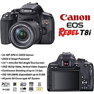 Camera EOS Rebel T8i DSLR Camera w/EF-S 18-55mm F/4-5.6 is STM Zoom Lens Bundle with Wide Angle + Telephoto Lens + 128GB Memory + Case + Tripod + 3 Pc Filter Kit + More