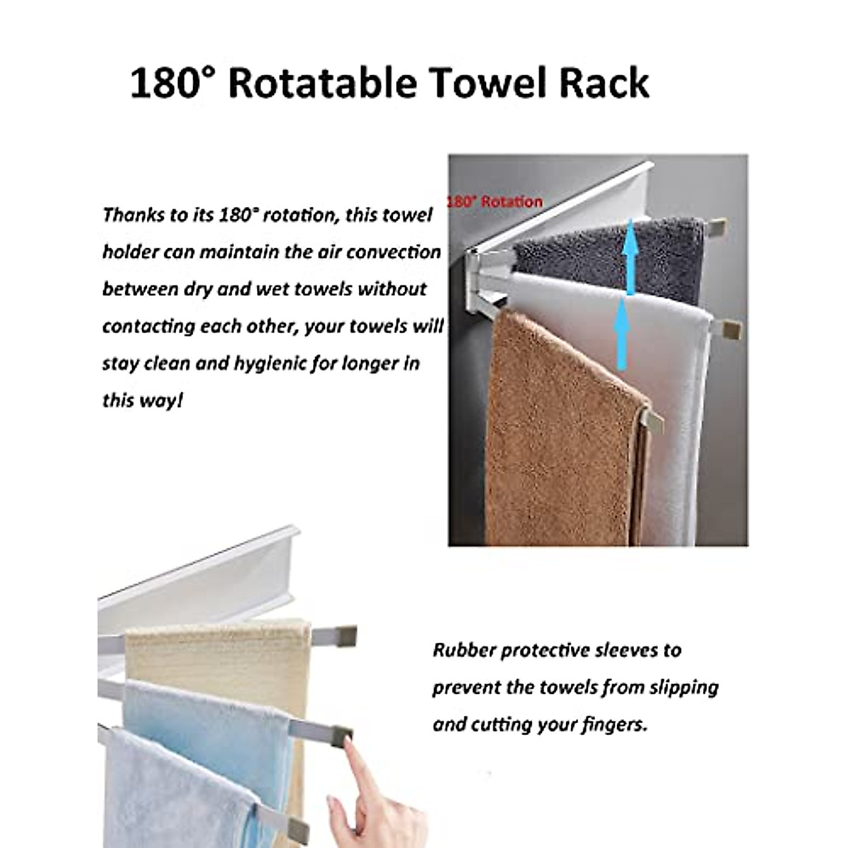 MAOERFUL 3 Swing Arms Towel Holder Wall Mount Towel Rack Dish Rag Dishcloths Washcloth Storage Organizer Hanger Swivel Hand Towel Bar for Sink Door Cabinet in Kitchen Bathroom (White)