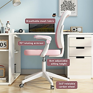 Kasinali Boys Girls Desk Chair with Adjustable Armrests, Kids Desk Chair with Wheels, Kids Computer Chair Kids Office Study Chair (Pink)