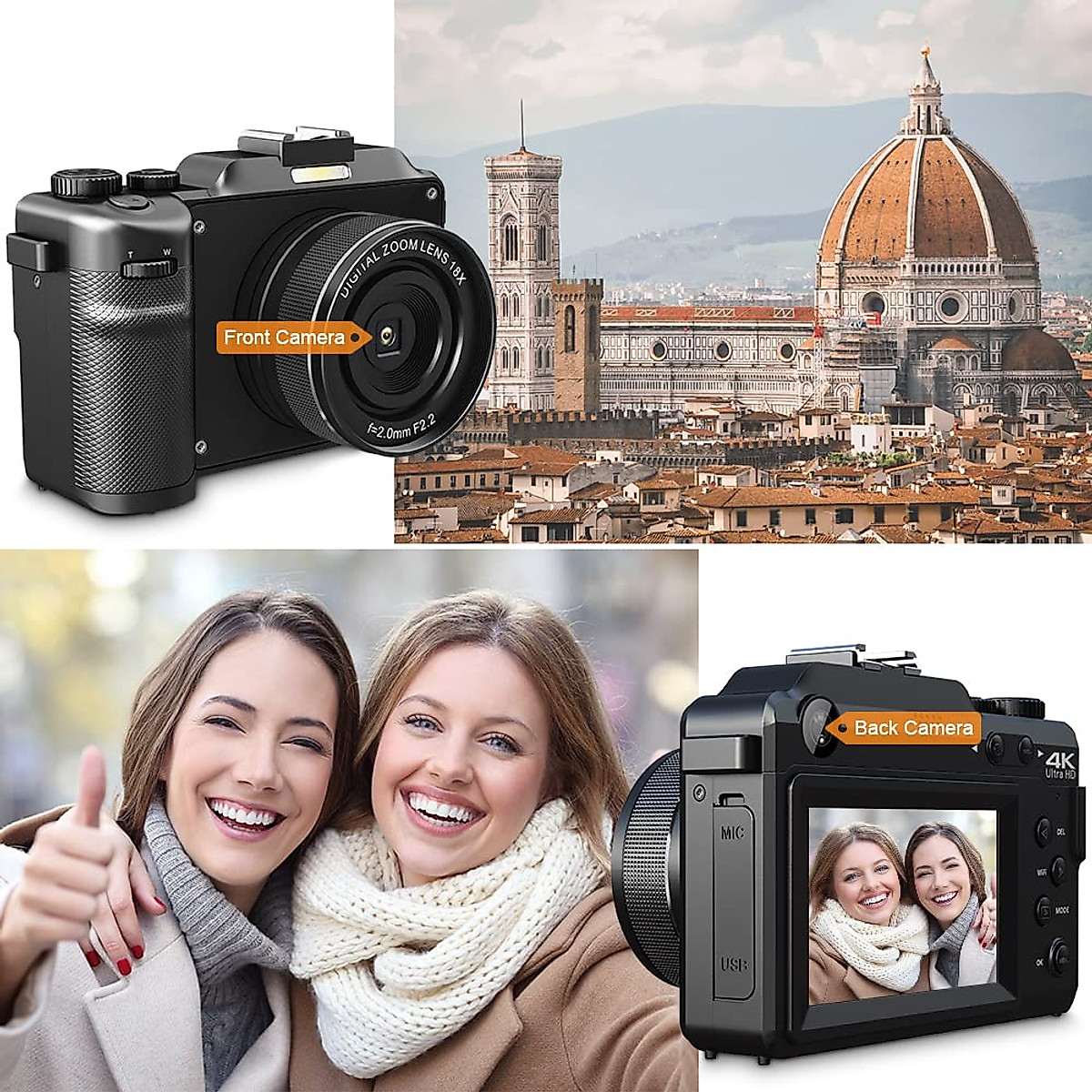 Vlogging Camera 4K 48MP Digital Camera Autofocus Cameras for Photography with 18X Digital Zoom Point and Shoot Camera with 64GB TF Card 4K Digital Camera 2 Batteries and Charger