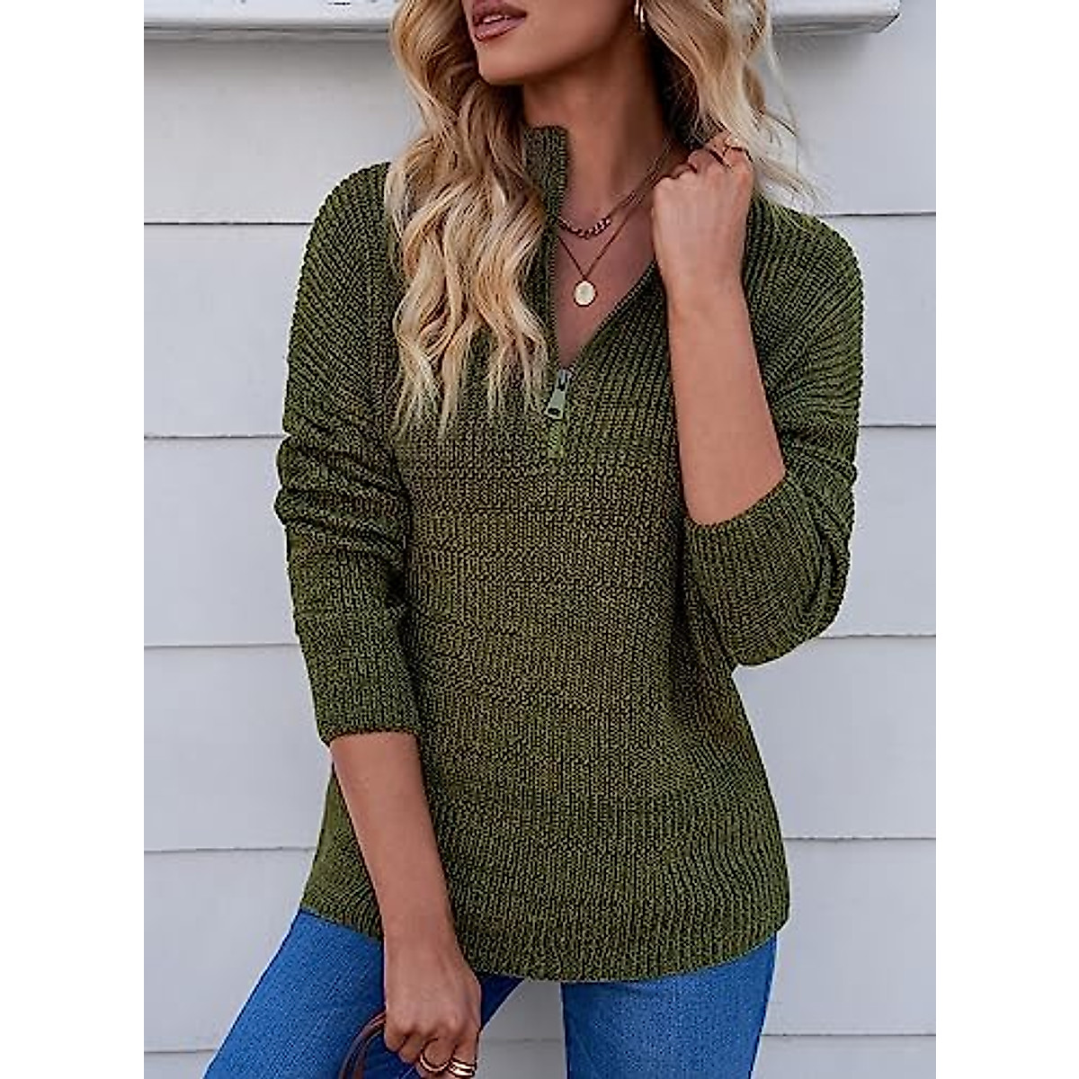 EVALESS Sweaters for Women Waffle Knit Long Sleeve Quarter Zip Pullover for Women Business Casual Fall Fashion Tops Winter Trendy Aestheic Teathcer Clothes V Neck Oversized Green Sweater,Samll Size