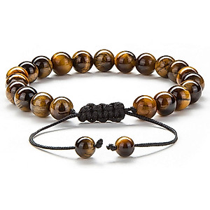Hamoery Men Women 8mm Tiger Eye Stone Beads Bracelet Braided Rope Natural Stone Yoga Bracelet Bangle(Tiger Eye Stone)