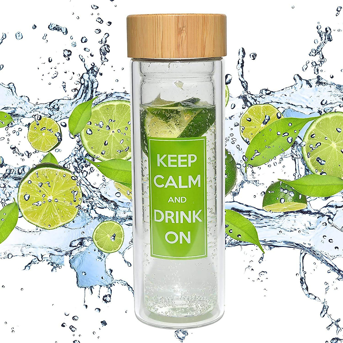 Harmony N More Best Infusion Water Bottle - Premium Fruit And Loose Leaf Tea Stainless Steel Infuser and Travel Tumbler - Double Walled Glass - No Leak Bamboo Lid - Insulating Sleeve