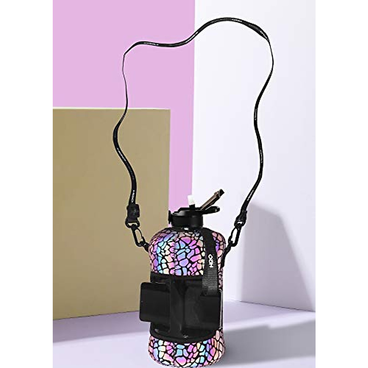 H2O Capsule 2.2L Half Gallon Water Bottle with Storage Sleeve and Covered Straw Lid – BPA Free Large Reusable Drink Container with Handle - Big Sports Jug, 2.2 Liter (74 Ounce) Cheetah Reflex