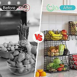 Stackable Tea Bag Organizer with Removable Divider and Hooks Wall Mount 3 Tier Metal Wire Storage Basket Countertop Coffee Condiment Snack Holder Rack for Home Office Kitchen Cabinet Pantry Black