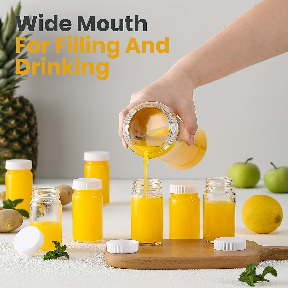 9 Pack 2 oz Glass Shot Bottles w/ White Lids & 9 Labels - Small Clear Jar for Ginger, Wellness Shot, Juice, Sample, Whiskey - Travel Essentials Mini Bottles - Wide Mouth, Leakproof, Dishwasher Safe