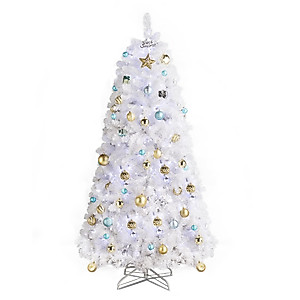 6ft Premium White Prelit Artificial Christmas Tree,Artificial Xmas Decoration Tree,Artificial Spruce Hinged Christmas Tree,Pre-Lit Artificial Xmas Tree,with Lights,for Home Office Party Decorations