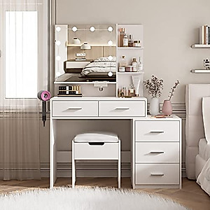 Maupvit Vanity Desk with Mirror and Lights, White Vanity with Bedside Table, 5 Drawers Large Capacity, Metal Silver Handle, Makeup Vanity with 10 Led Lights And Charging Station (White)