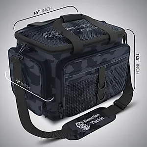 Reaction Tackle Fishing Tackle Bag - Water Resistant Camo Tackle Bag with Padded Shoulder Strap, D Ring Hanger, Suitable for 3600 Tackle Boxes, Compression Molded and Waterproof Non-Slip Bottom