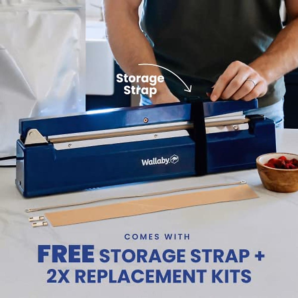 Wallaby Impulse Sealer - 16 inch - Manual Heat Sealer Machine for Mylar Bags - Heavy Duty for Strong, Secure Sealing for Long Term Food Storage - Two Fuse & Strip Replacement Kits Included (Blue)