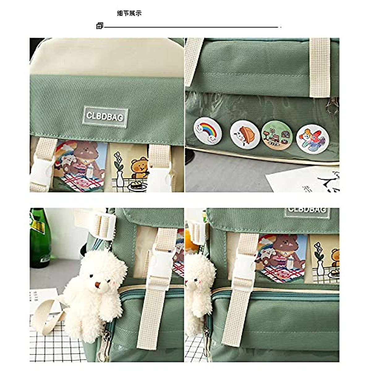 Cute Kawaii Backpack 4Pcs Canvas Backpack Give away bear pendant Pencil Pouch Shoulder Bag Lunch Bag for Girls Boys (one size, Green)