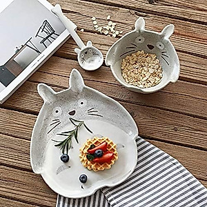 Ceramic Grey Cartoon Plate Bowl Set Hand-Painted Anime Character Dinnerware for Kids Cute Non-slip Dish Sets (Set of Bowl, Plate, Spoon)