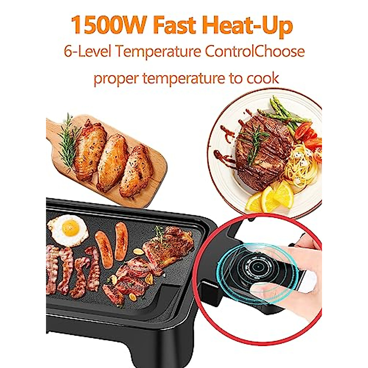 Extra Large Nonstick Electric Griddle - Pancake Griddle for Eggs, Burgers, Beef, Cheese, Party Smokeless Griddle Pan with Temperature Control, Dishwasher Safe, Black, 1500W