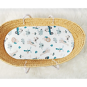 Tontukatu Bassinet Sheet Set 2 Pack Snug Fitted Cradle Fitted Sheets, Stretchy Ultra Soft, for Oval Rectangle Hourglass Bassinet Mattress, Unisex Boy Girl, Tiger Elephant & Fox