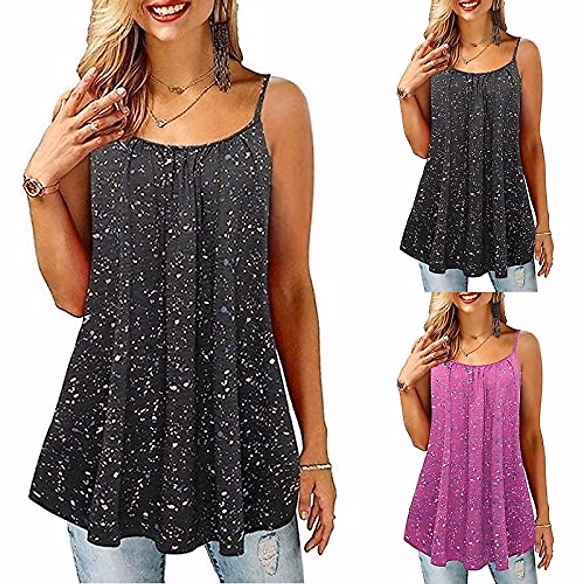 wodceeke Women's Summer Tank Sleeveless Sling T-shirt Casual Loose Solid color Folds Tops (Black,M)