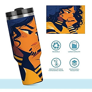 linqin Anxious Black Women Vacuum Tumbler Insulated with Straw Leak Resistant Flip 30 oz Travel Water Bottle Wide Mouth Coffee Mug Travel for Women Men Him Her